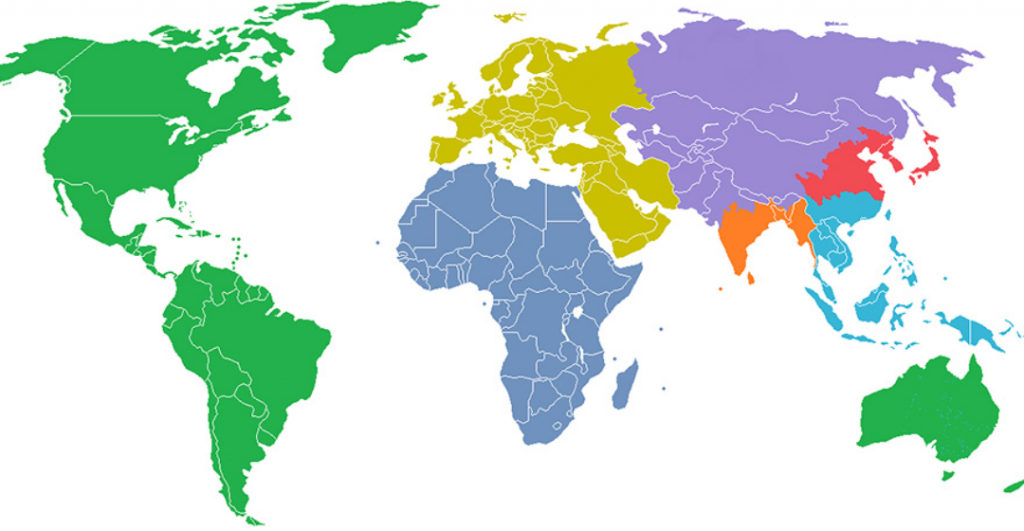 Continents and countries split into areas of equal population - Vivid Maps