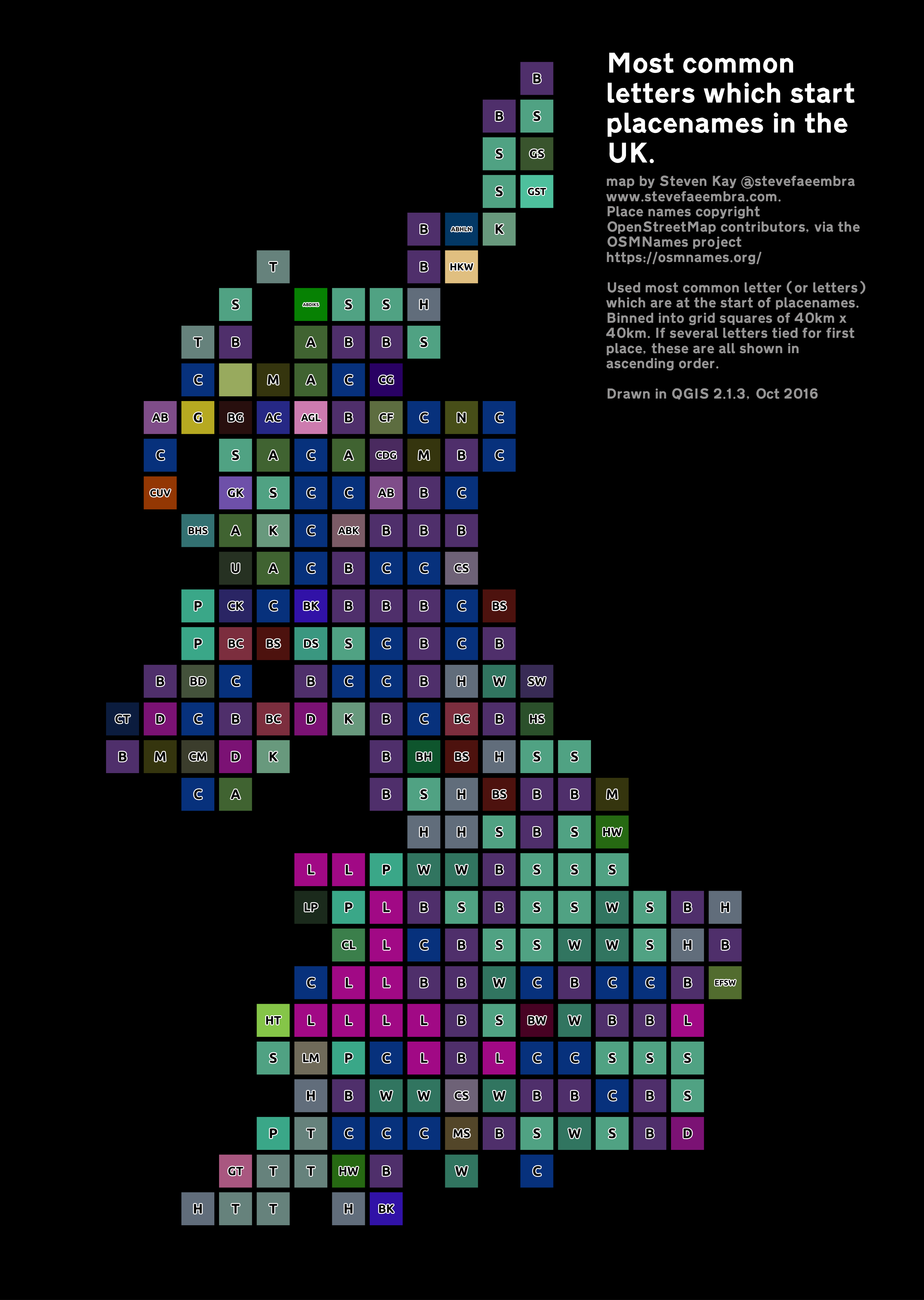 Most common letters which start placenames in the UK - Vivid Maps