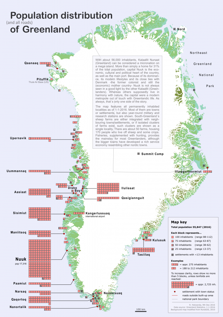 Population distribution (and roads) of Greenland - Vivid Maps