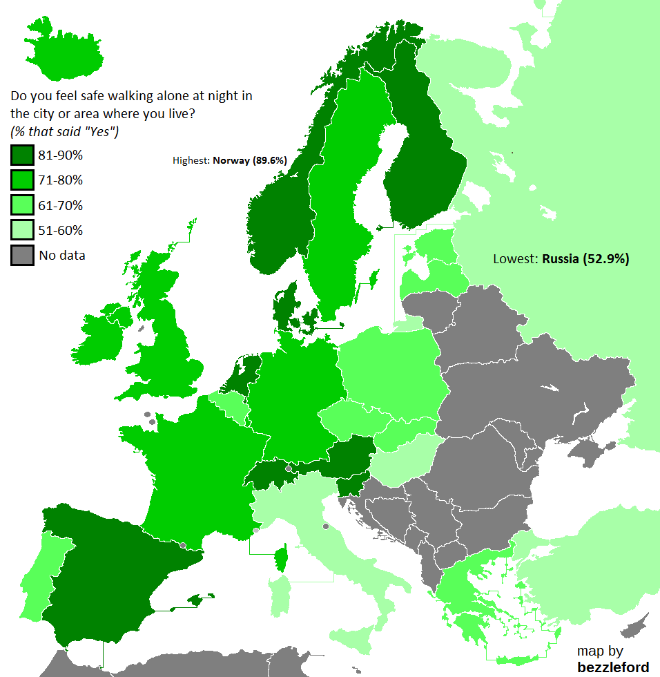 Percentage of Europeans that feel safe walking home at night - Vivid Maps