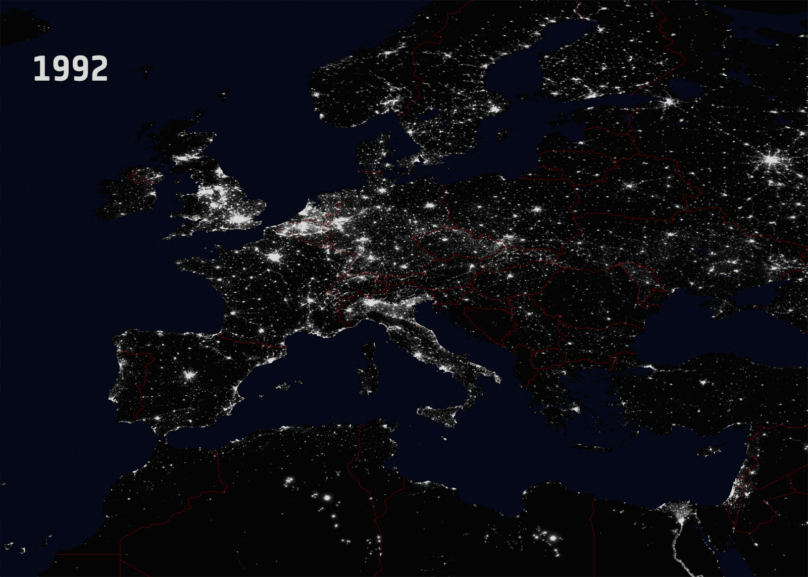 Europe at night (2010 vs 1992) - Vivid Maps