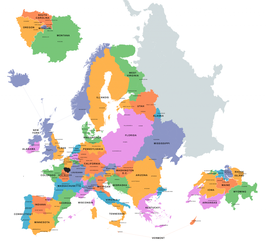 U.S. states overlaid on areas of Europe with equal population - Vivid Maps