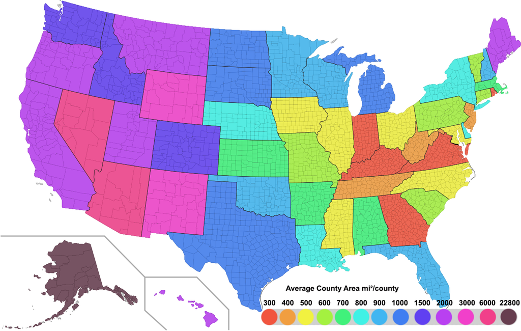 States of the USA by average county area (mi2/county) - Vivid Maps