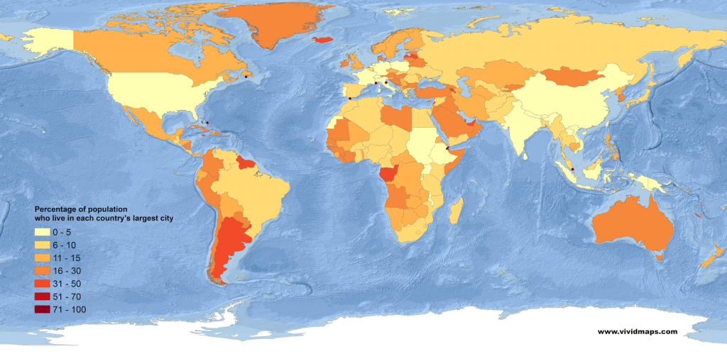 Percentage of population who live in each country's largest city ...