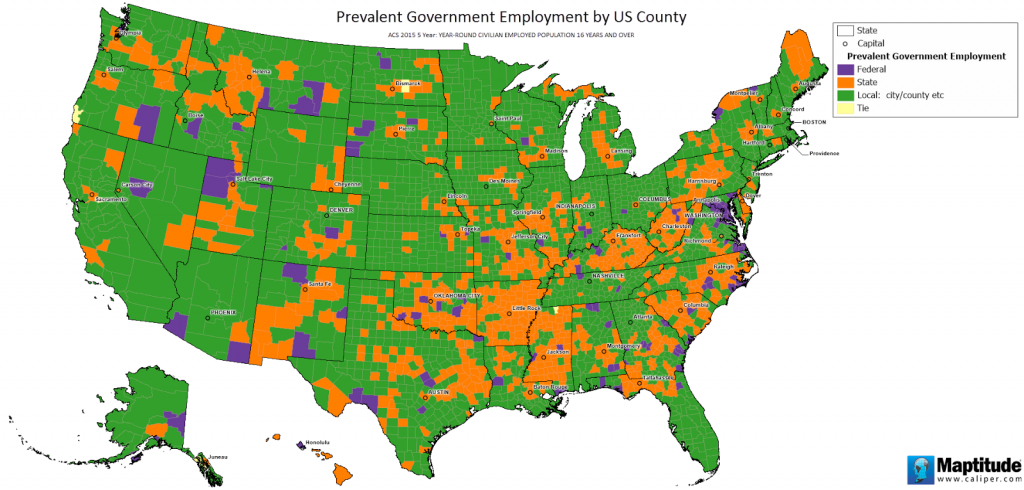 Prevalent Government Employment by U.S. County - Vivid Maps