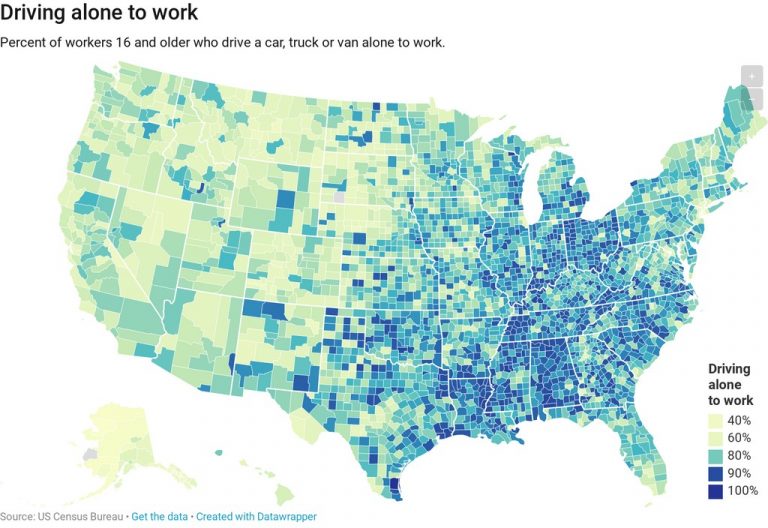 Percent of US workers driving alone to work - Vivid Maps