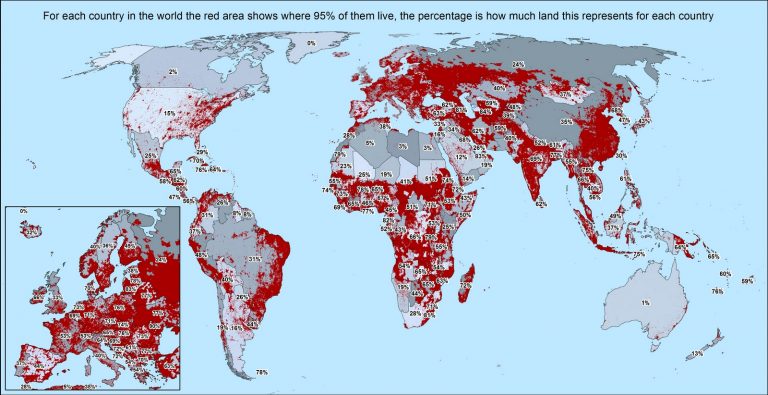 The areas where 95% of the population live - Vivid Maps