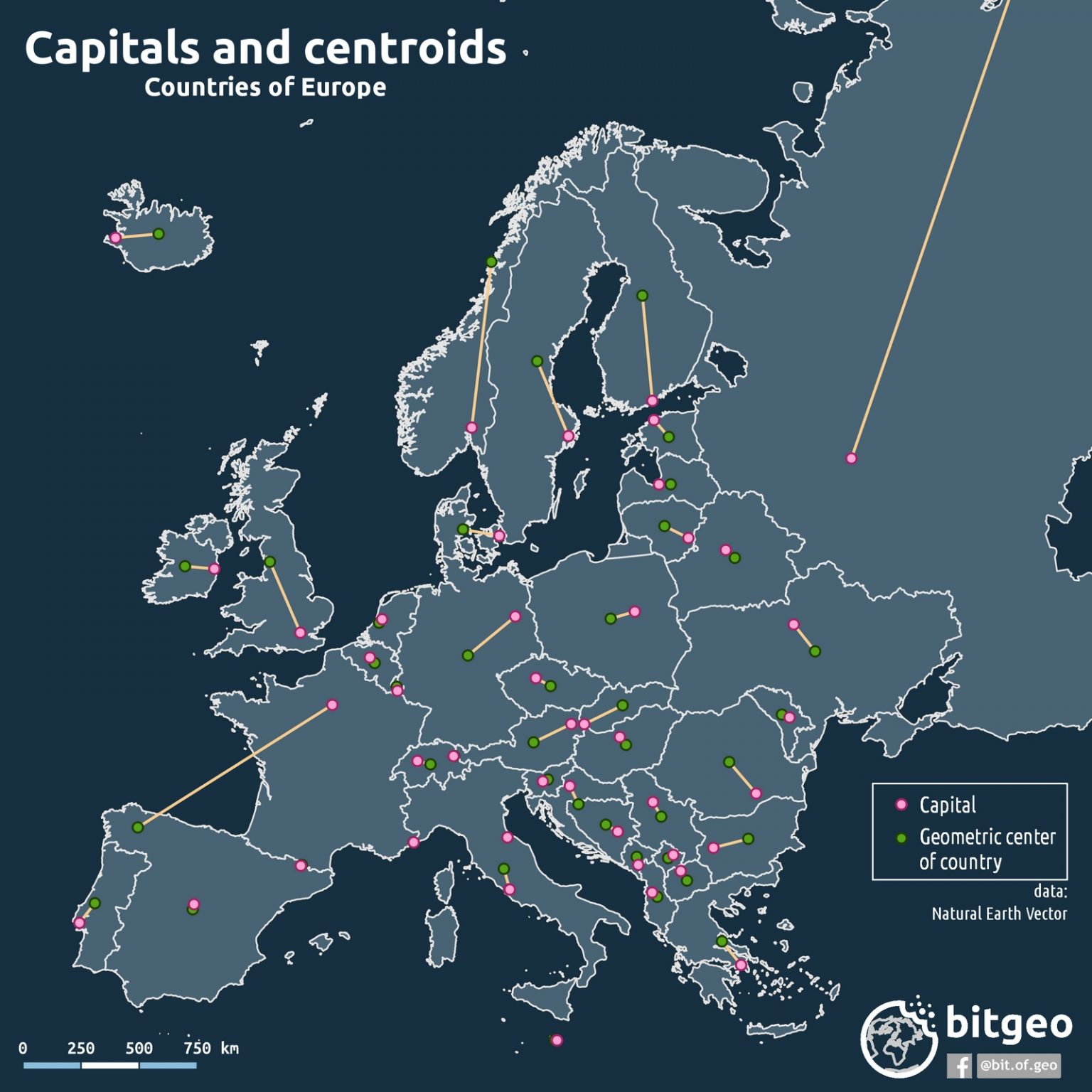 The spatial distribution of European capitals - Vivid Maps