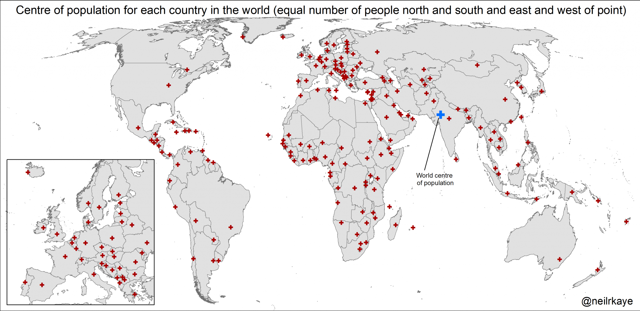 Centre of the population for each country in the world - Vivid Maps