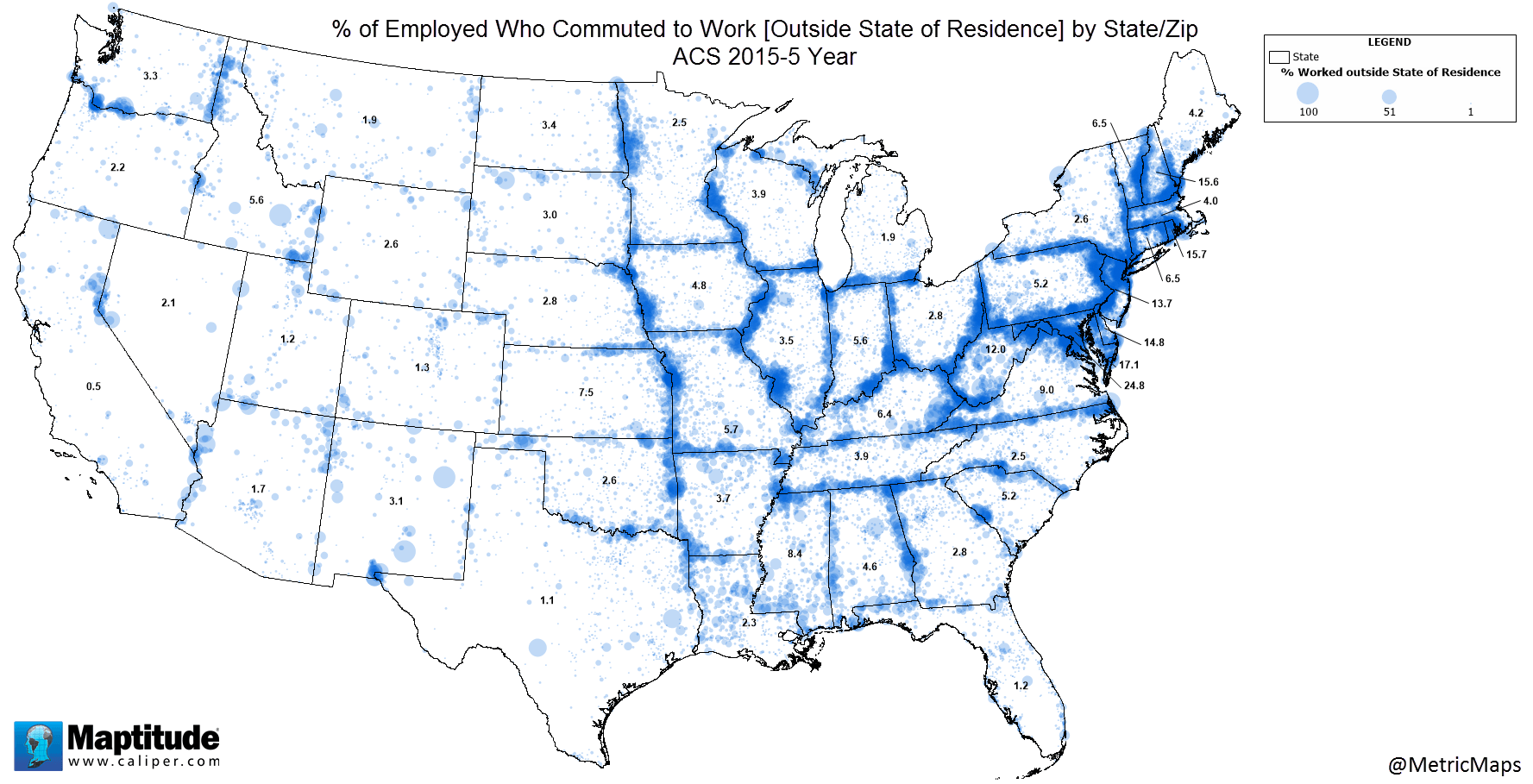 Who commuted to work outside a state of residence? - Vivid Maps
