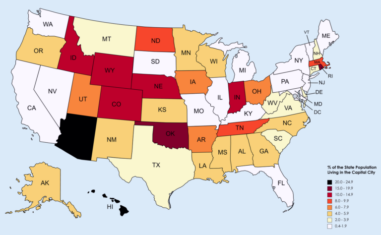Percentage of U.S. state population living in state capital ...