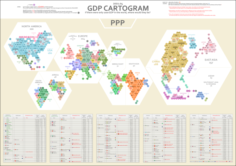 Nominal and per Capita GDP Cartogram with subdivisions - Vivid Maps