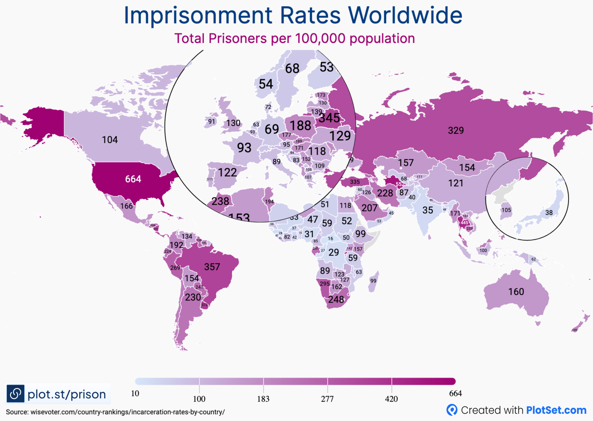 Prisoners per 100,000 people - Vivid Maps