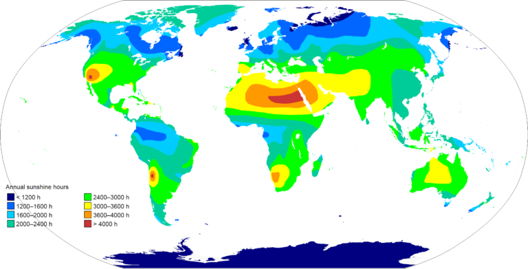 Annual Sunshine Hours of The World - Vivid Maps