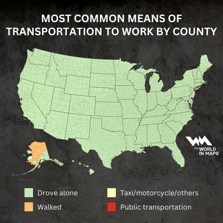 Mapped: Most Common Means of Transportation to work in the United ...