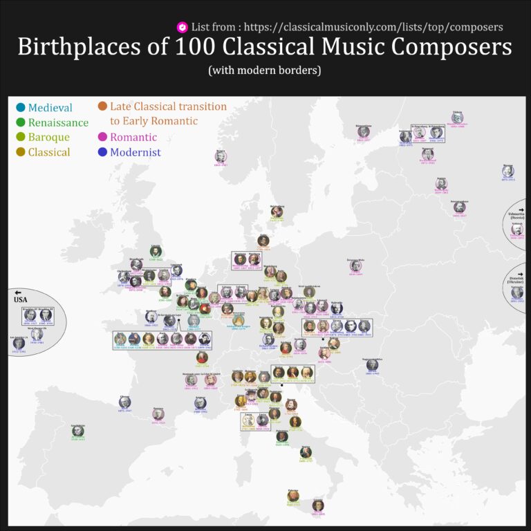Tracing the Birthplaces of 100 Classical Composers - Vivid Maps