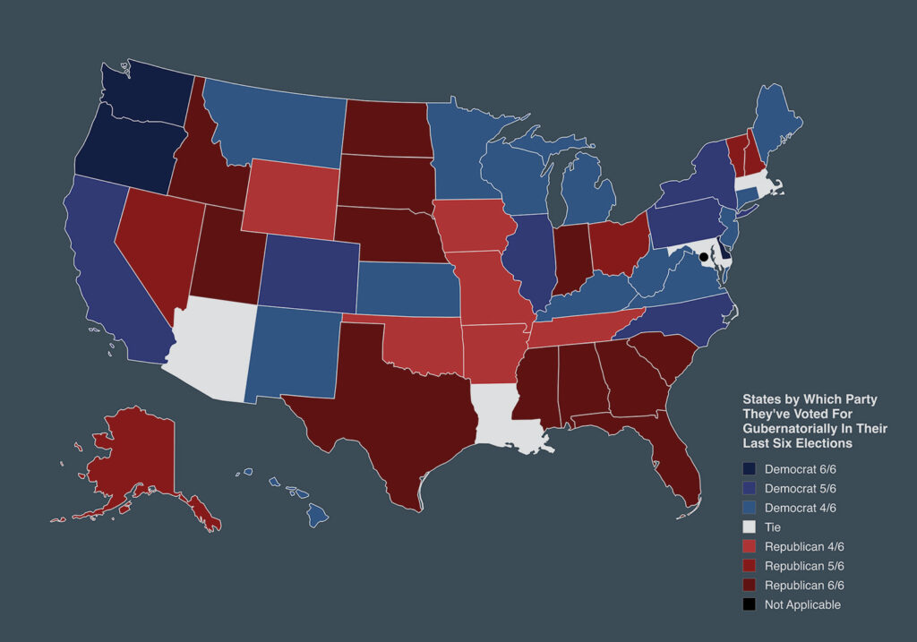 U.S. States by Party They Voted for in Their Last Six Gubernatorial ...