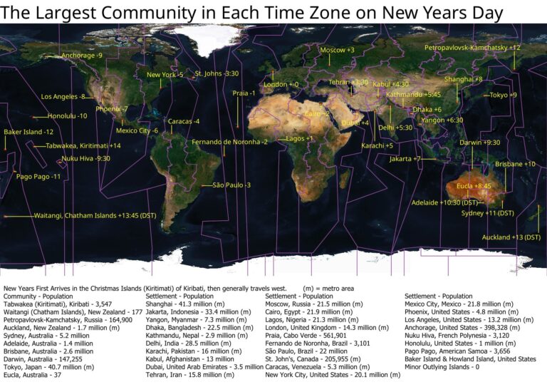 The Largest Community in Each Time Zone on New Year's Day - Vivid Maps