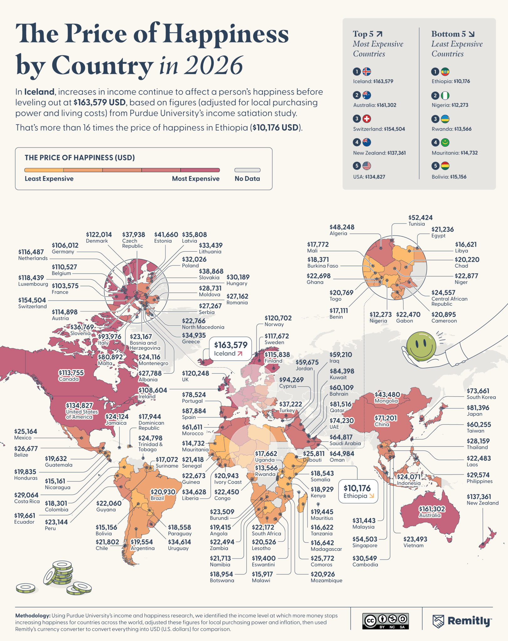 The Price of Happiness by Country - Vivid Maps
